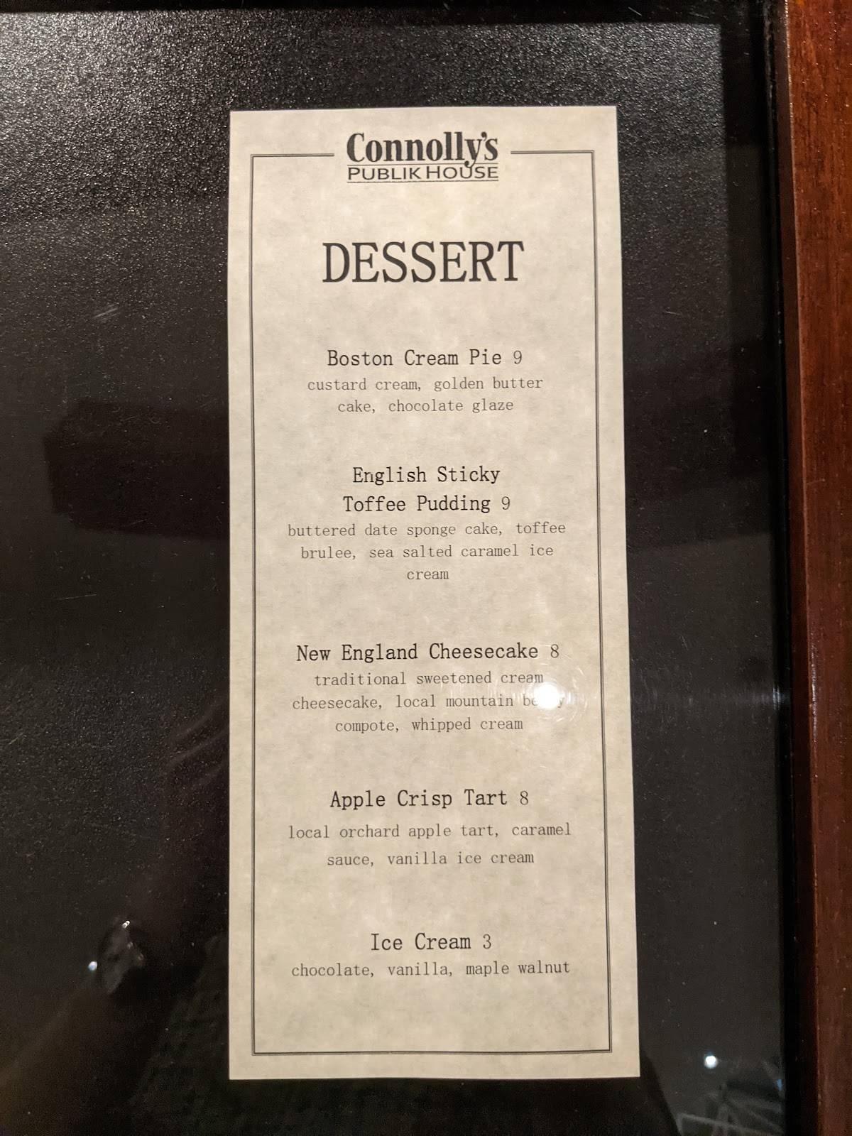 Menu at Connolly's Publik House, Boston, 1 Hotel Dr