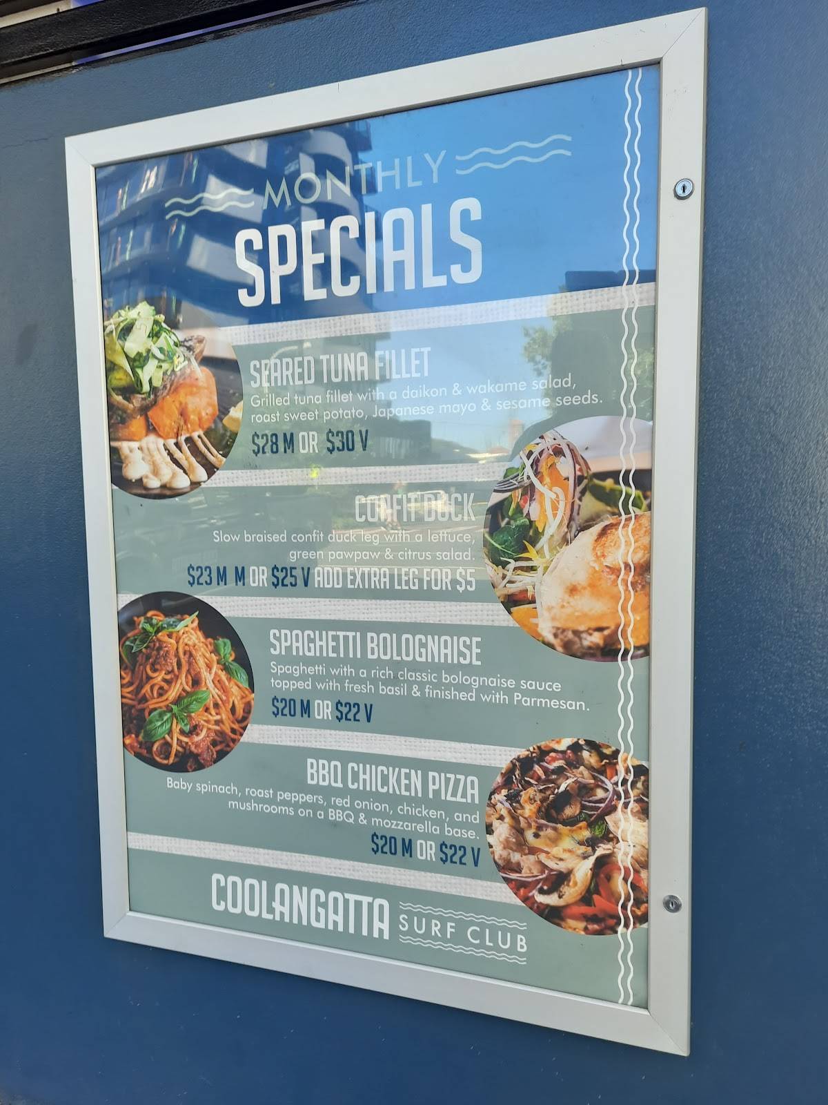 Menu at Coolangatta Surf Club, Coolangatta, Marine Parade