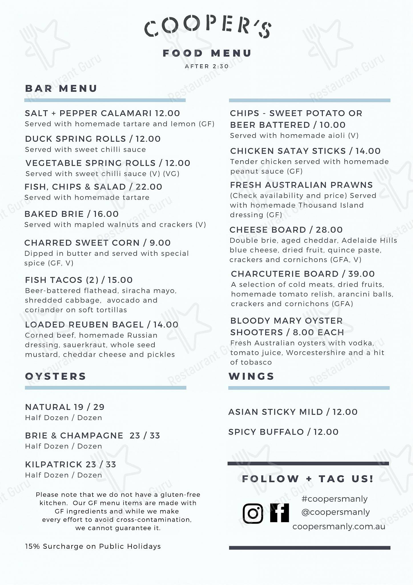 Menu at Cooper's Speciality Coffee and Tap House restaurant, Manly