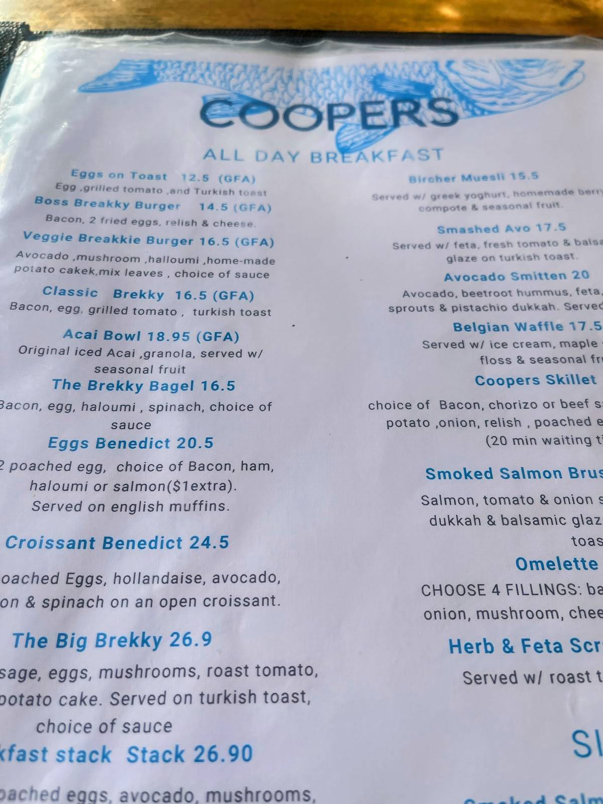 Menu at Cooper's Speciality Coffee and Tap House restaurant, Manly