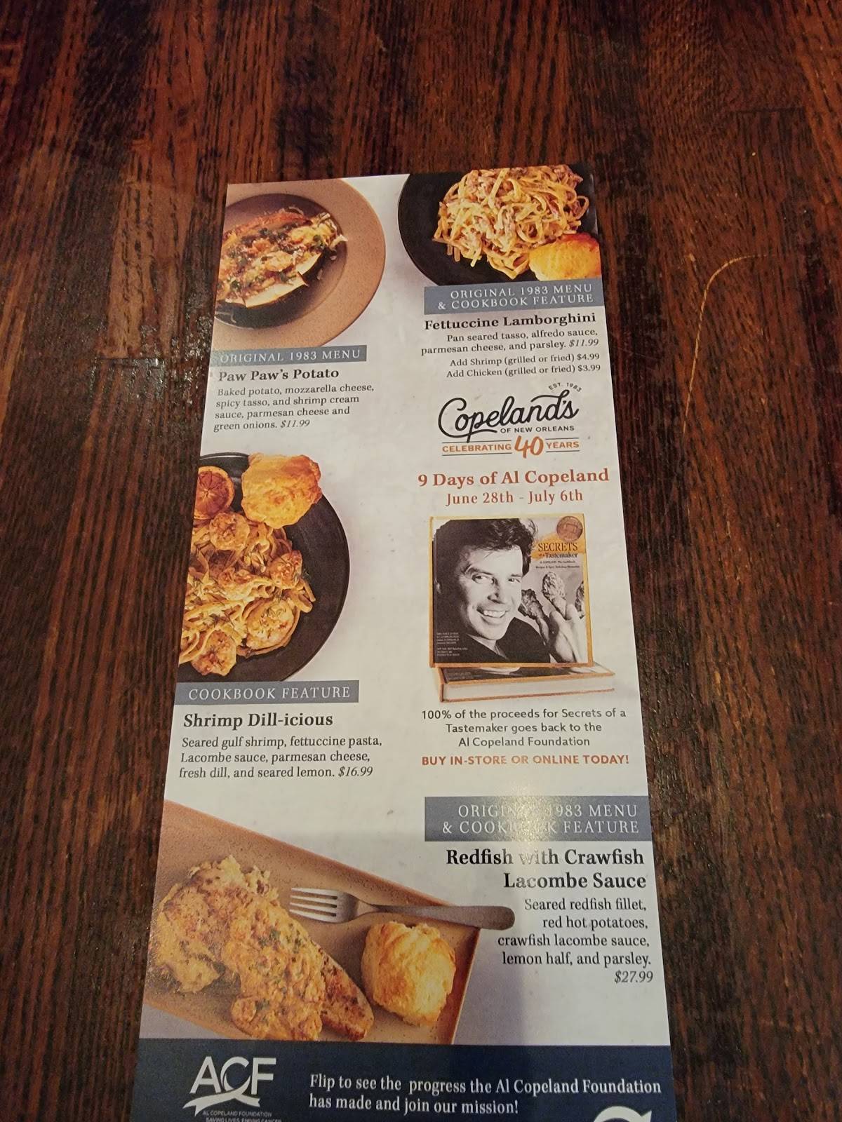 Menu at Copeland's of New Orleans restaurant, Kenner, W Esplanade Ave