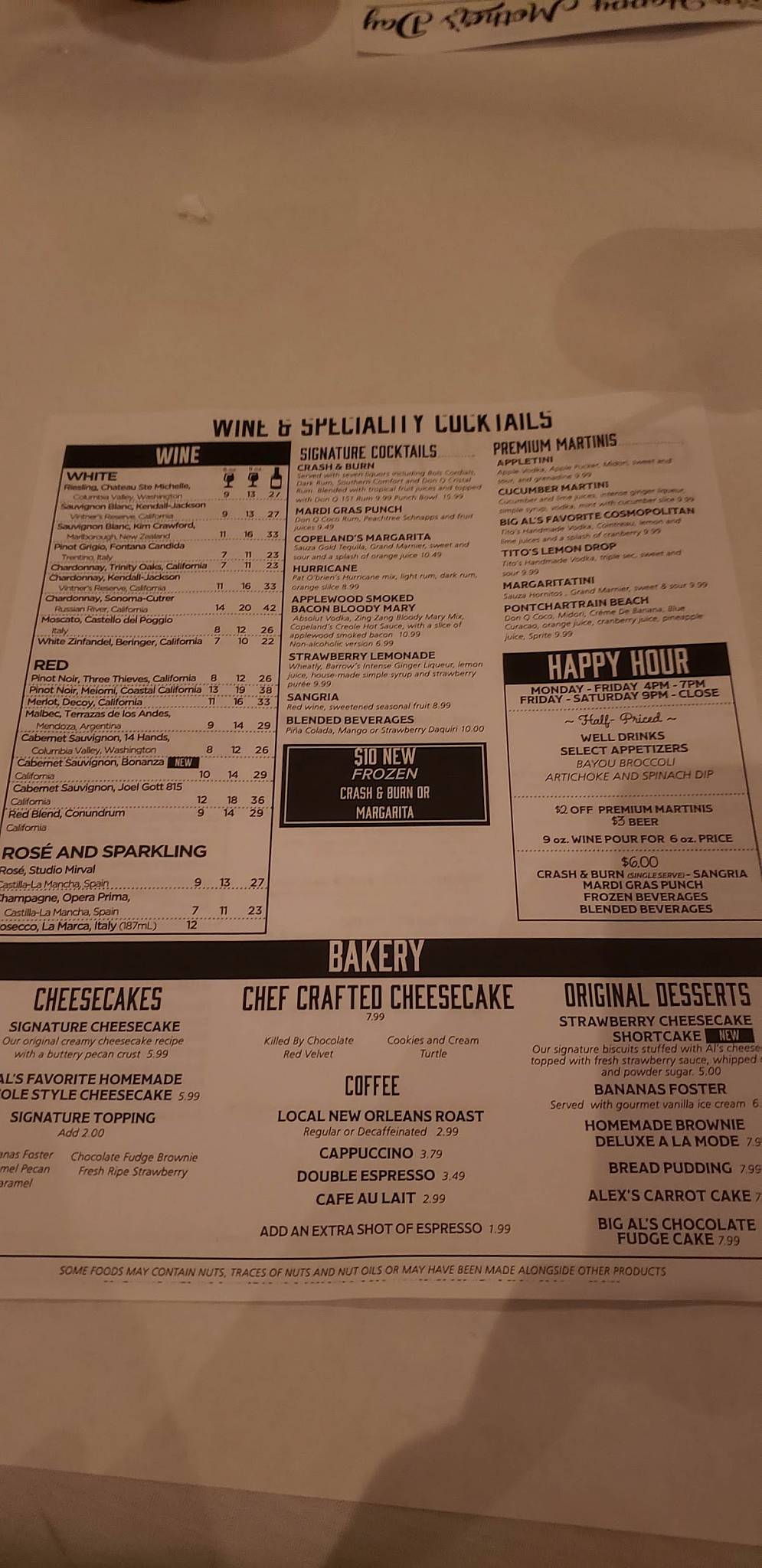 Menu at Copeland's of New Orleans restaurant, Kenner, W Esplanade Ave