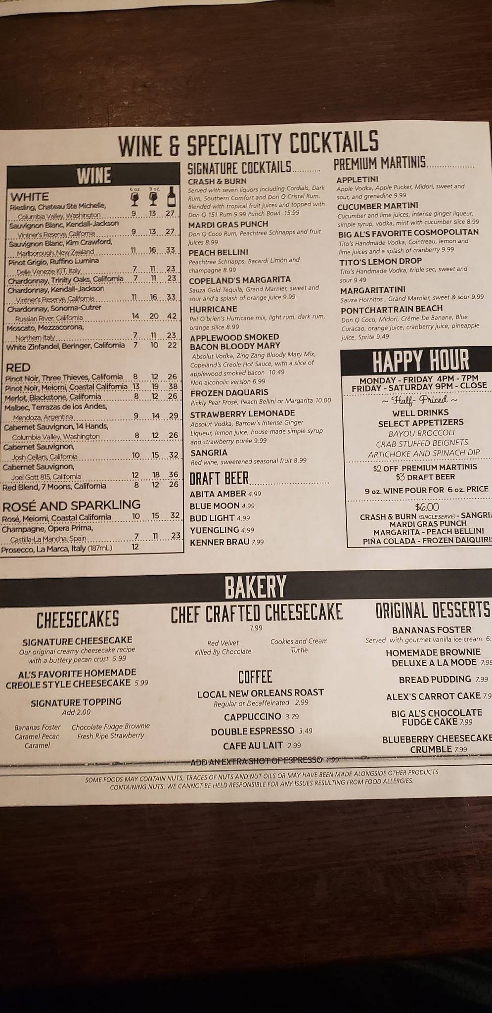 Menu at Copeland's of New Orleans restaurant, Kenner, W Esplanade Ave