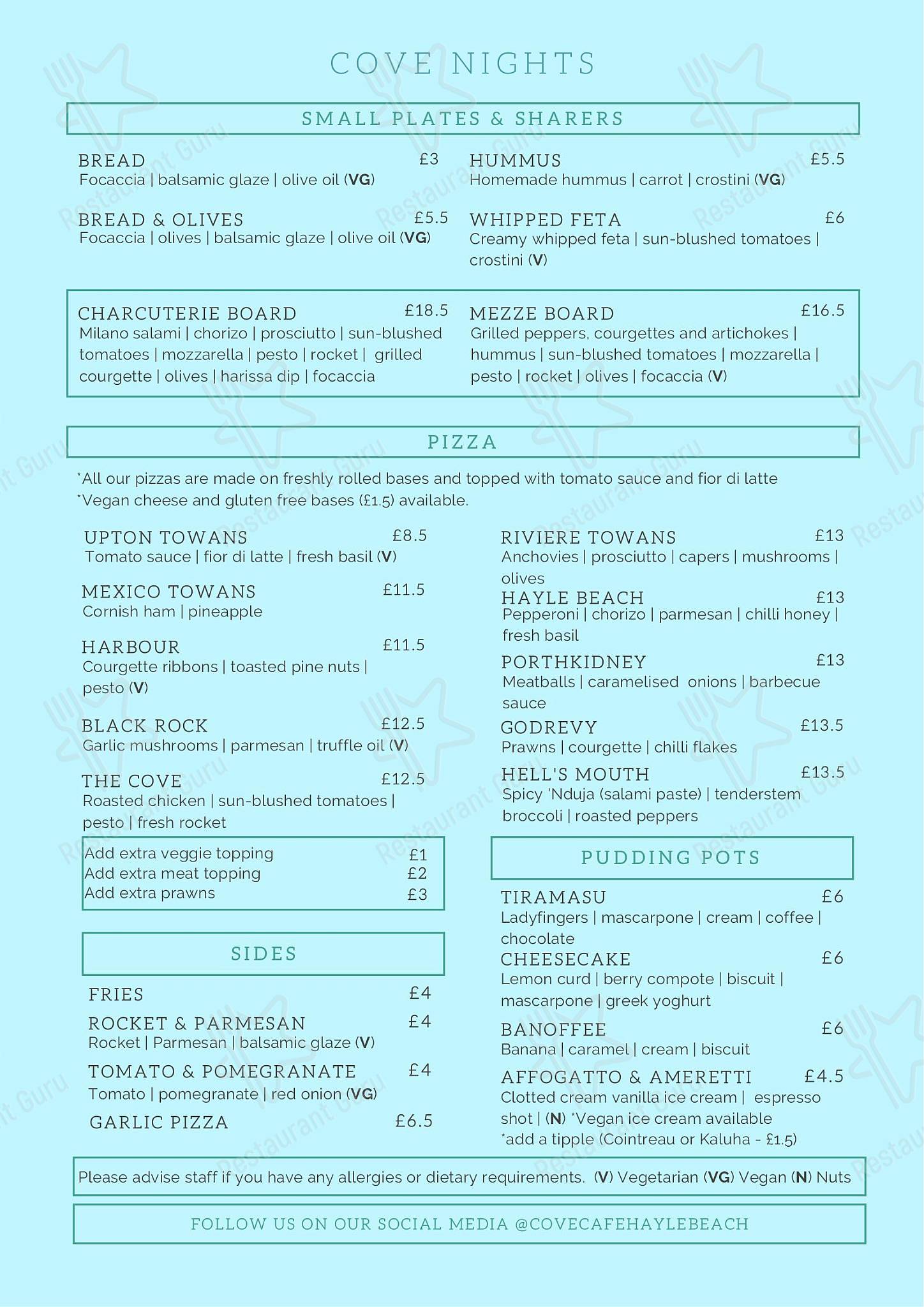 Menu at Cove Cafe, Hayle