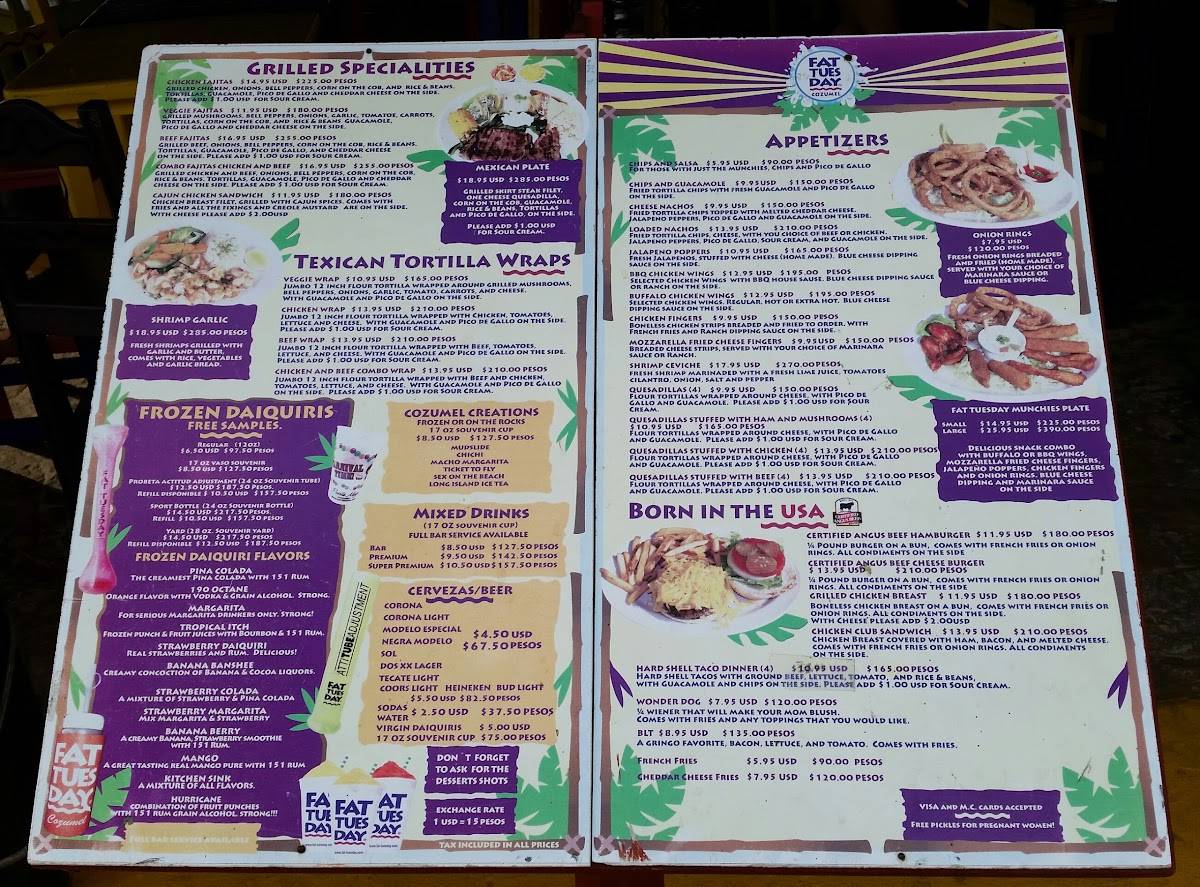 Menu at Fat Tuesday Cozumel 2 Av. Juarez pub & bar, San Miguel de ...