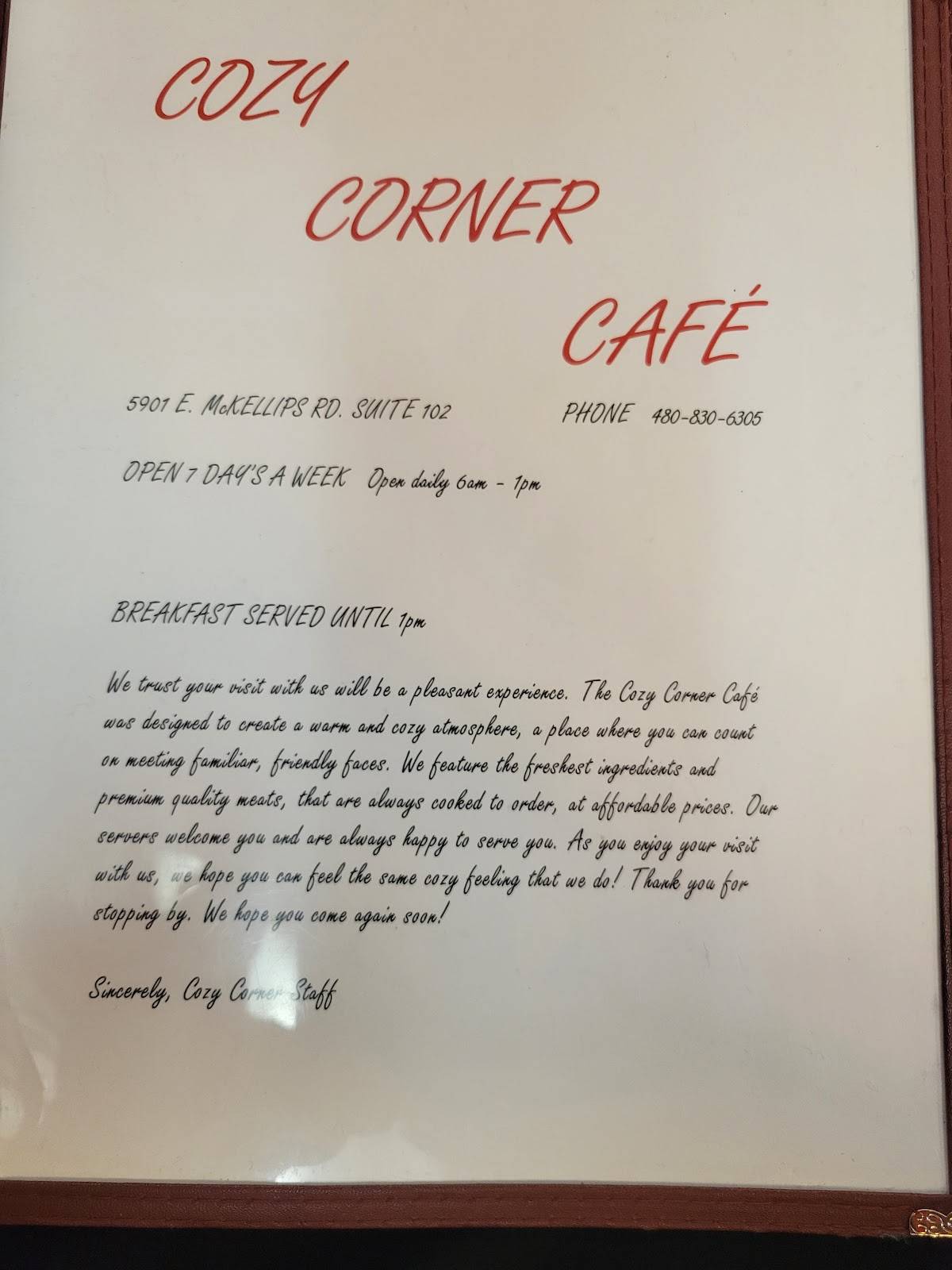 Menu at Cozy Corner Cafe, Mesa, E McKellips Rd #102