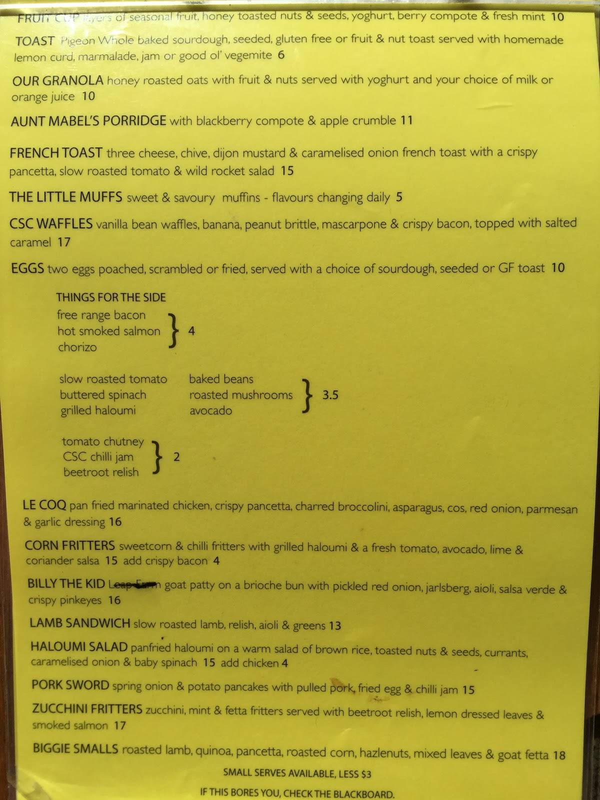 Menu at Criterion Street Cafe, Hobart