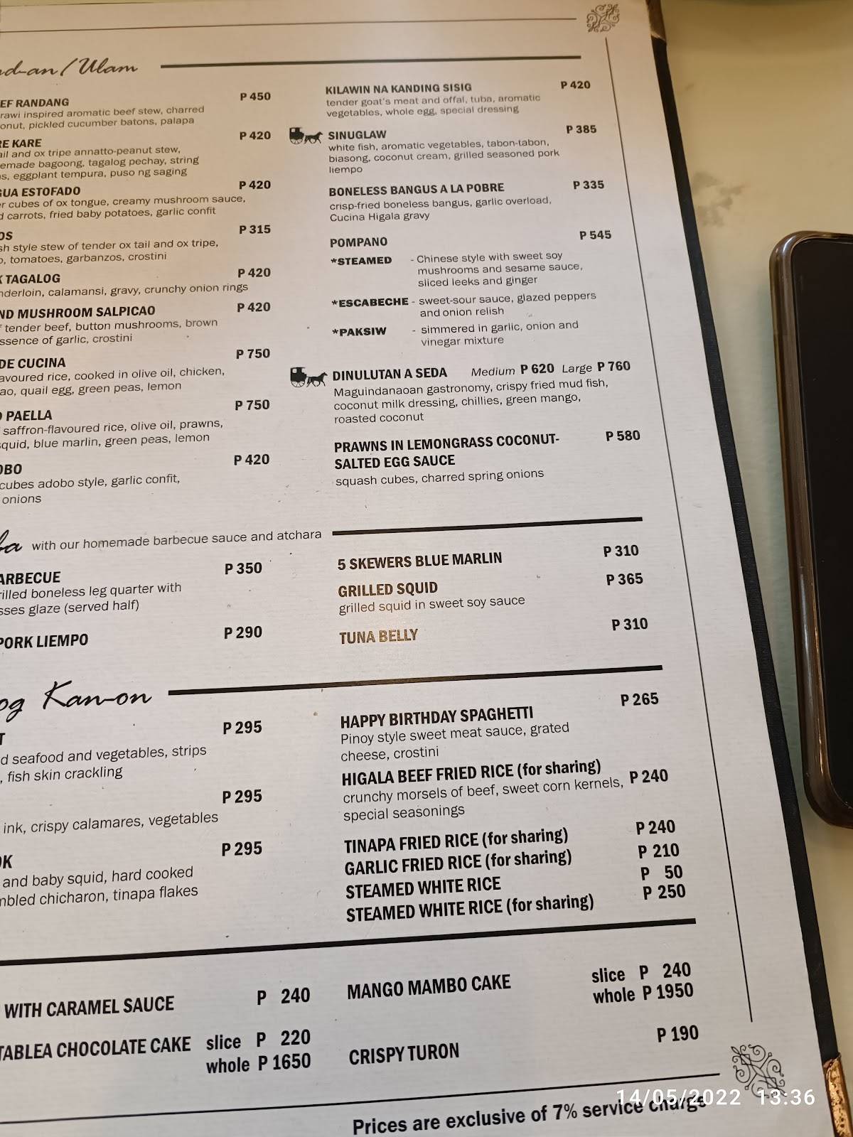 Menu at Cucina Higala restaurant, Cagayan de Oro