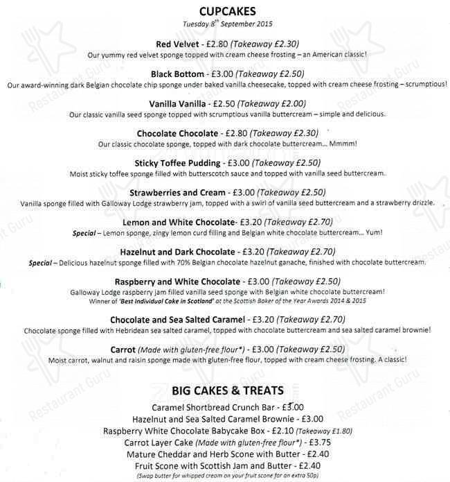 Menu at Cuckoo's Bakery, Edinburgh, 109 Princes St