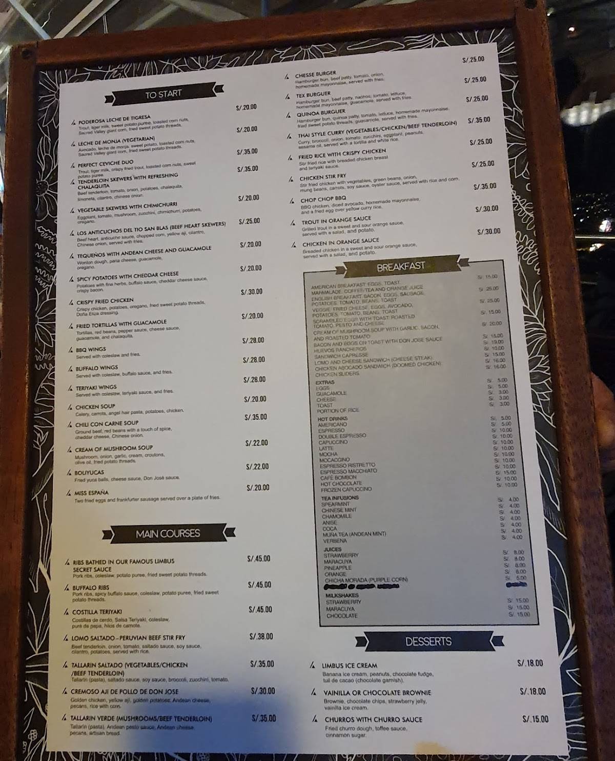 Carta de Limbus Restobar, Cusco