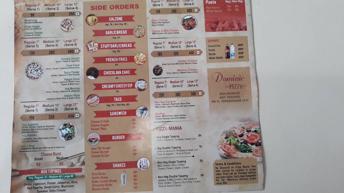 Menu at DOMINIC PIZZA, Sundernagar