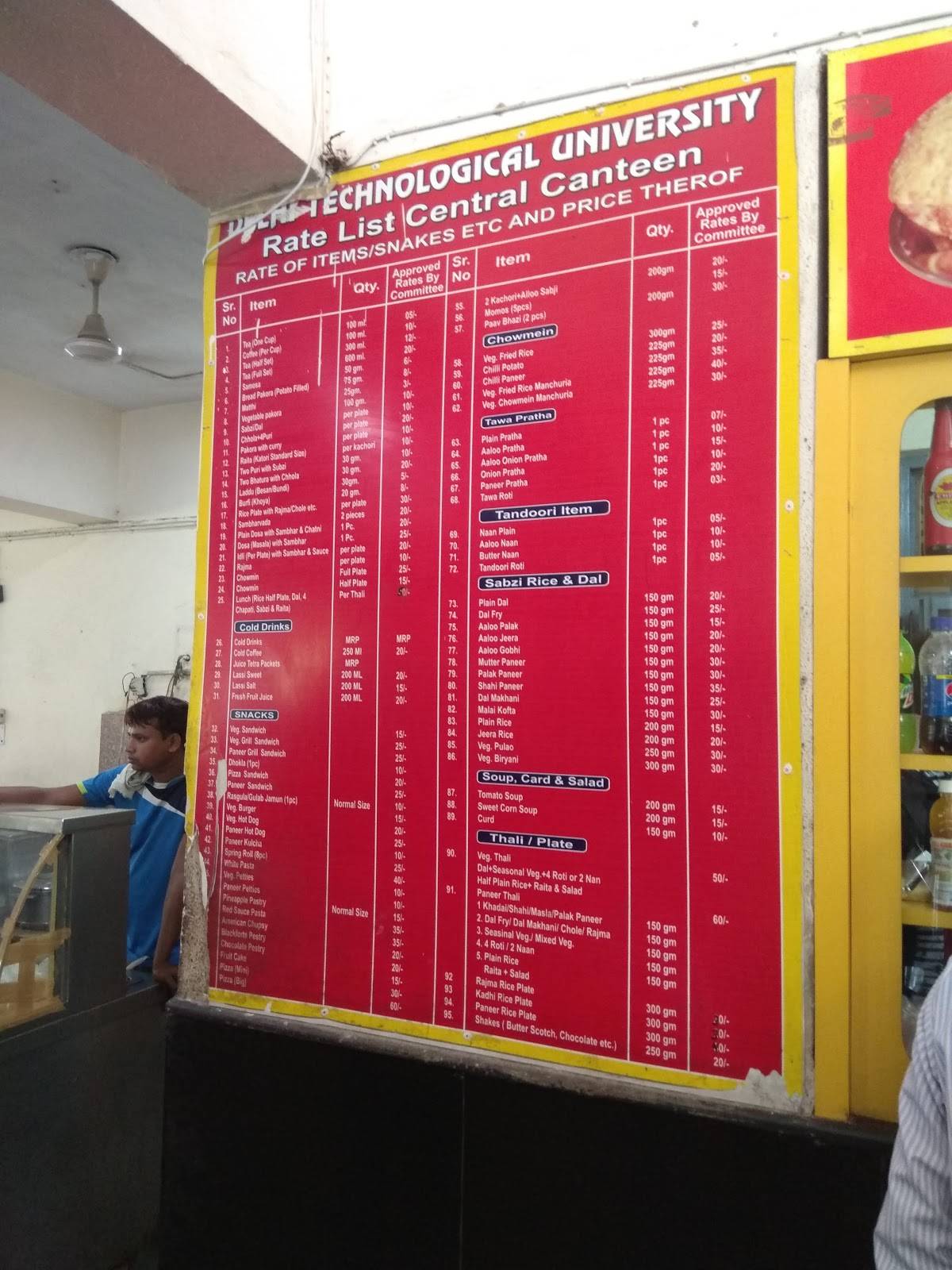 Menu at DTU Canteen (Mech-C), Delhi