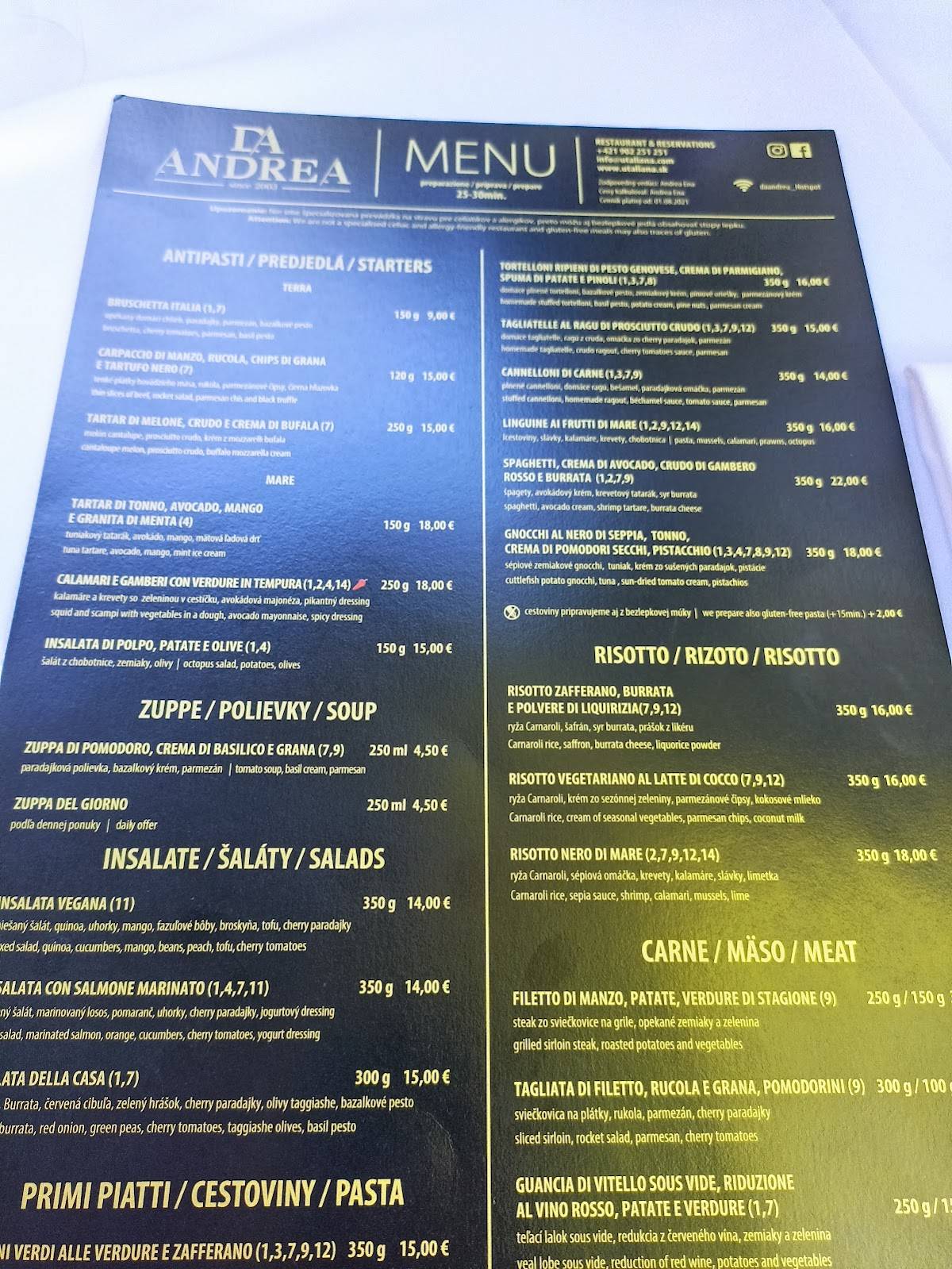 Speisekarte von Da Andrea restaurant, Bratislava