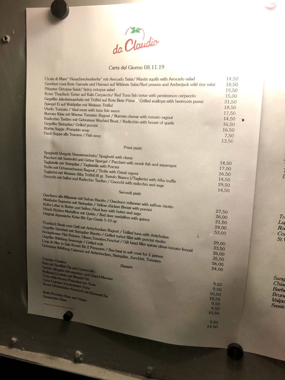 Speisekarte von Restaurant da Claudio, Nürnberg, Hochstraße 41