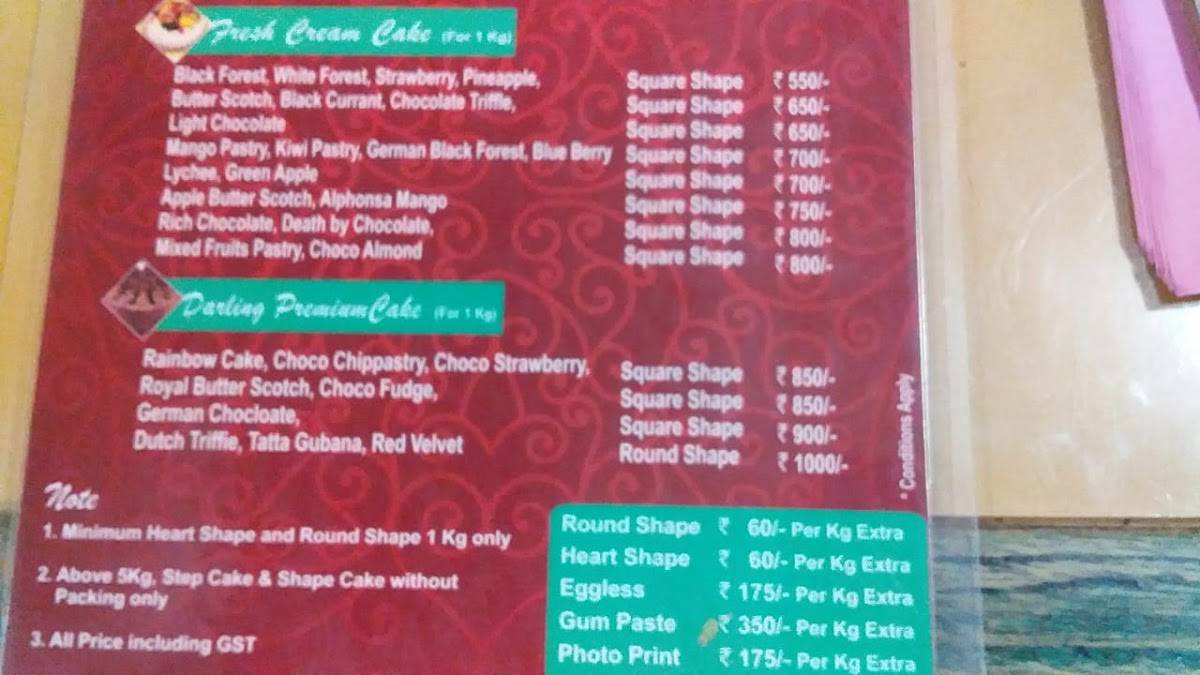 Menu at Darling Bakery, Kanchipuram, S.N Oodai Street