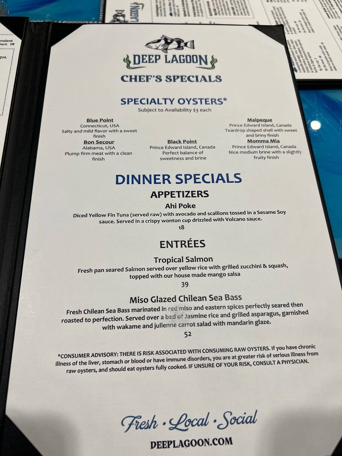 Menu at Deep Lagoon Seafood and Oyster House restaurant, Osprey