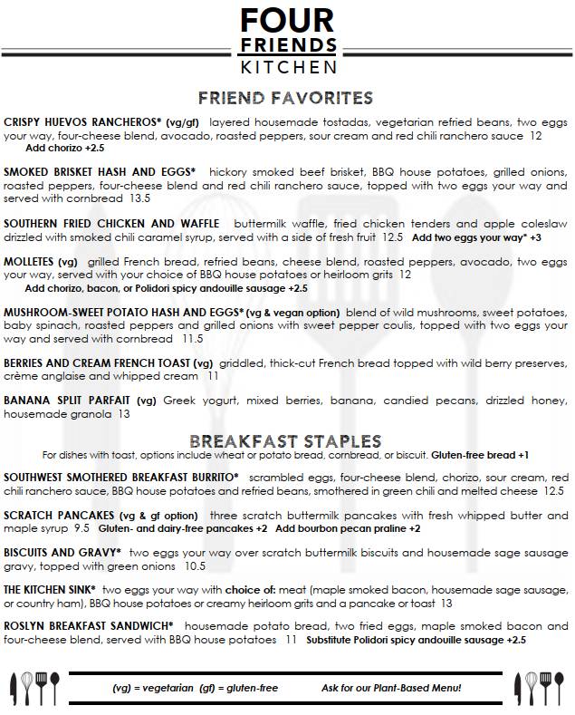 Menu at Four Friends Kitchen restaurant, Denver, Roslyn St