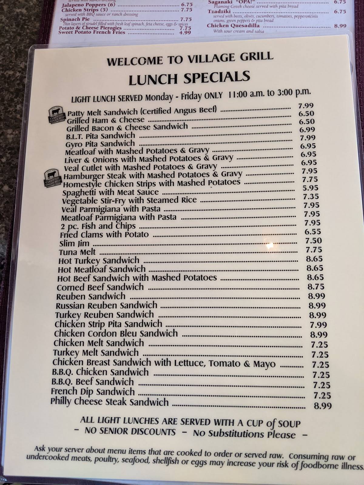Menu at Village Grill of Farmington Hills restaurant, Farmington Hills ...