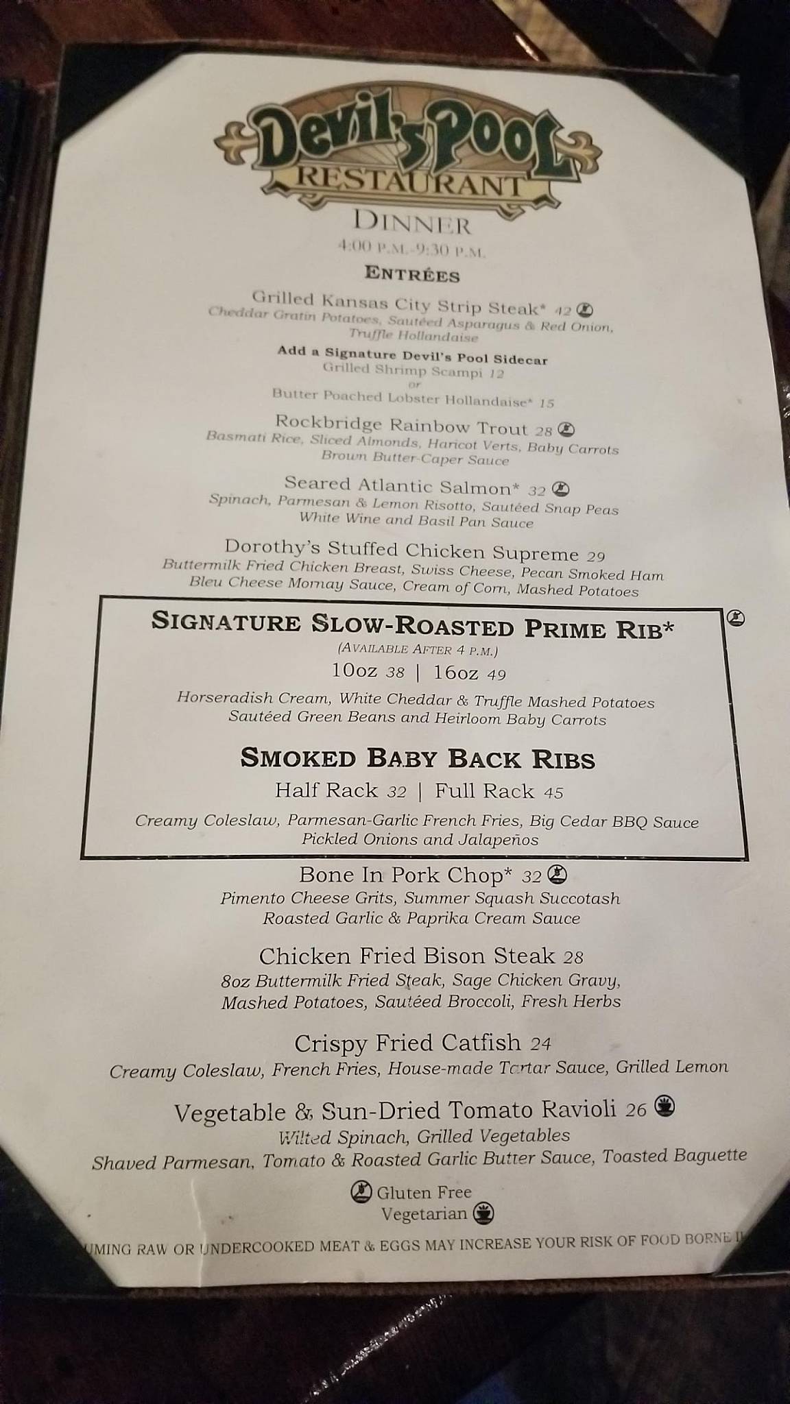 Menu at Devil's Pool Restaurant, USA, 612 Devil's Pool Rd