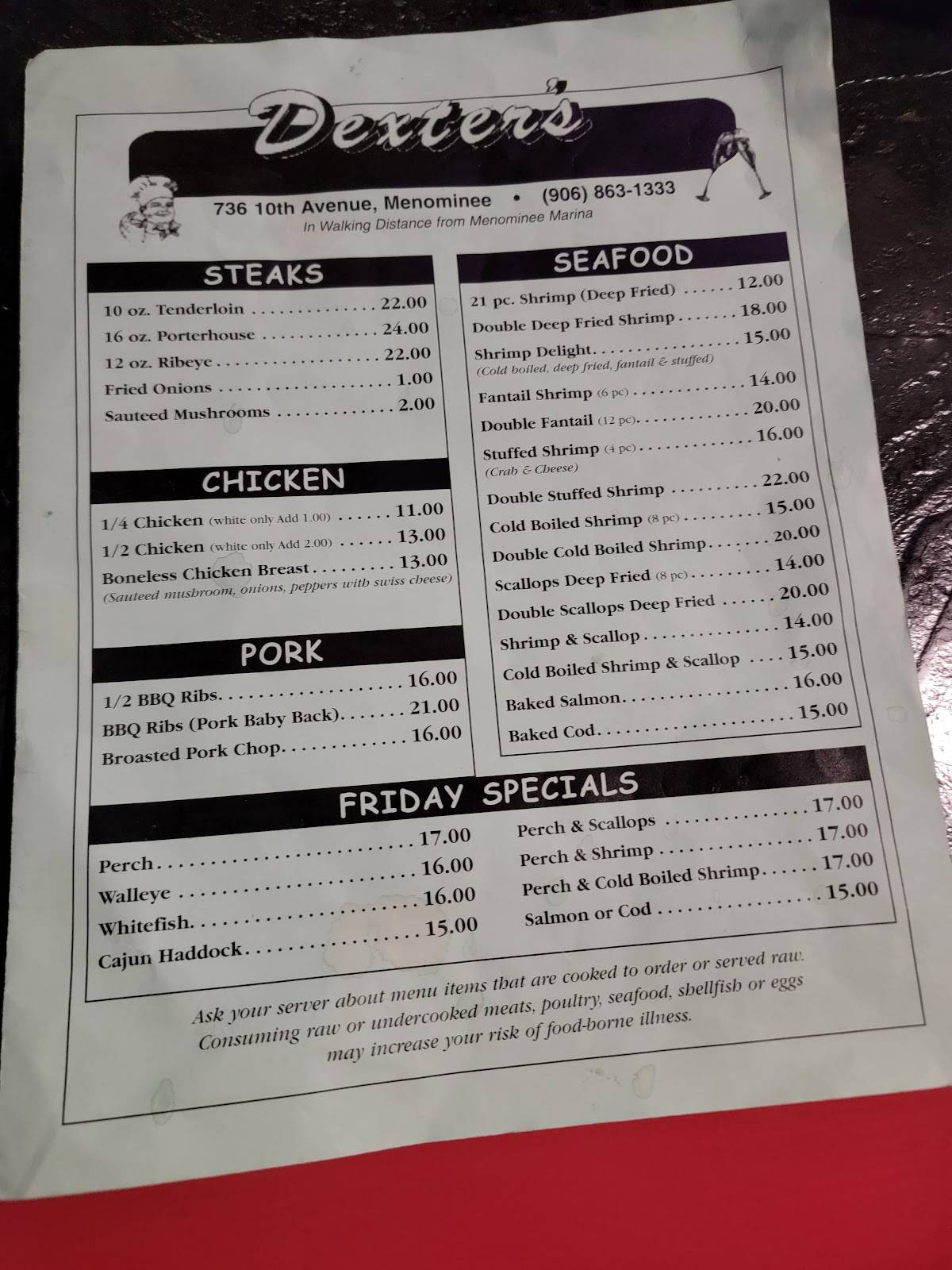 Menu at Dexter's pub & bar, Menominee