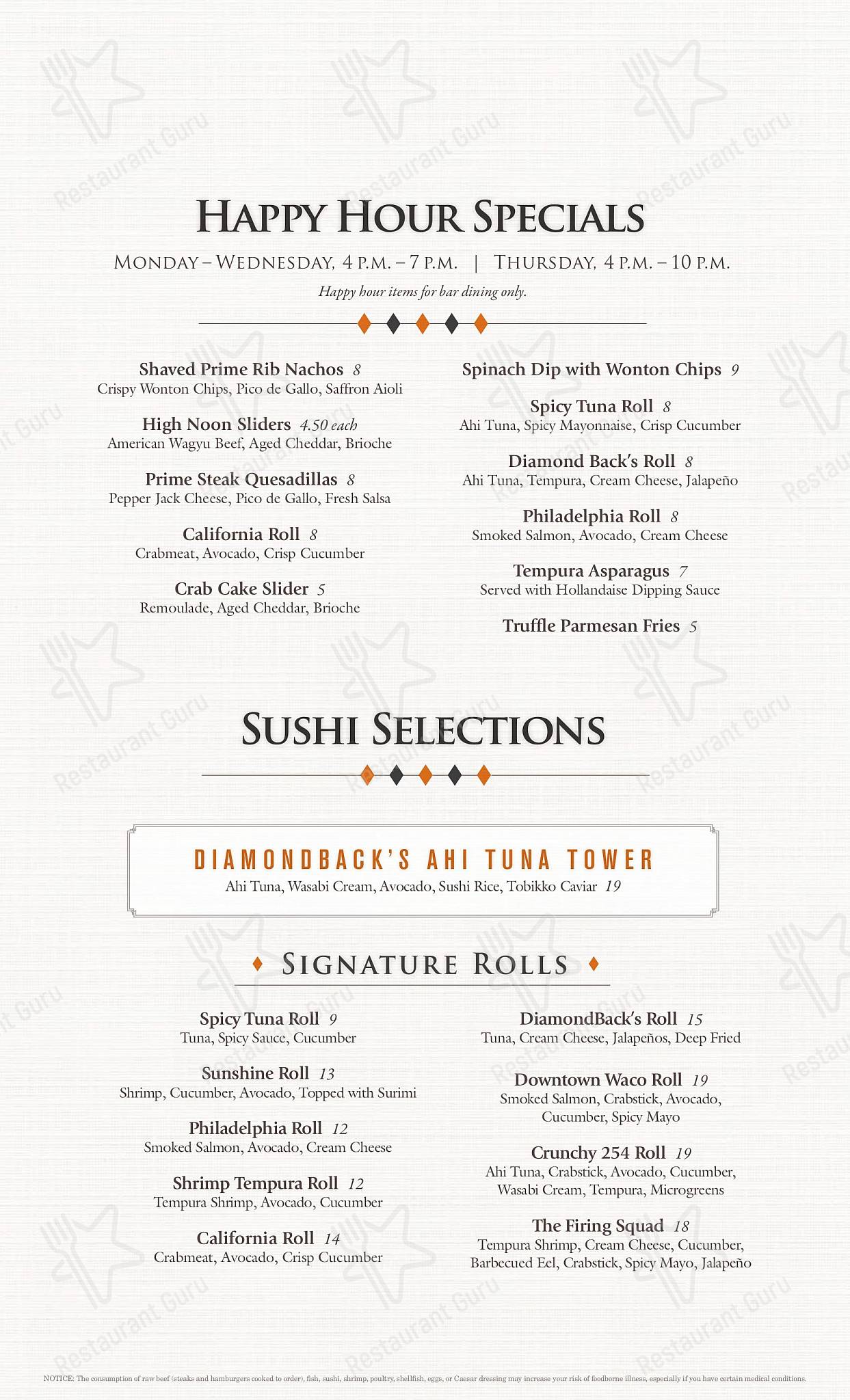 Menu at DiamondBack's restaurant, Waco