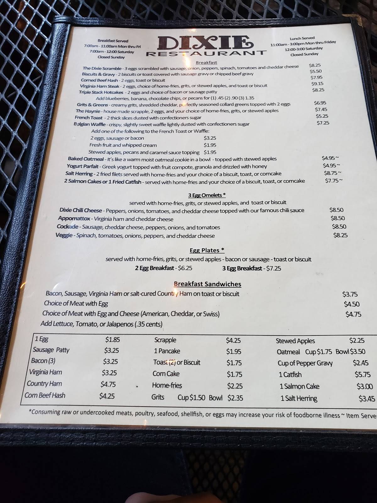 Menu at Dixie Restaurant, Petersburg