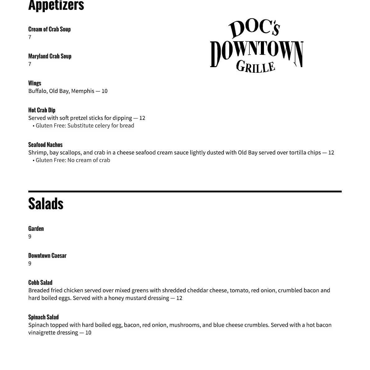 Menu at Doc's Sunset Grille restaurant, Oxford