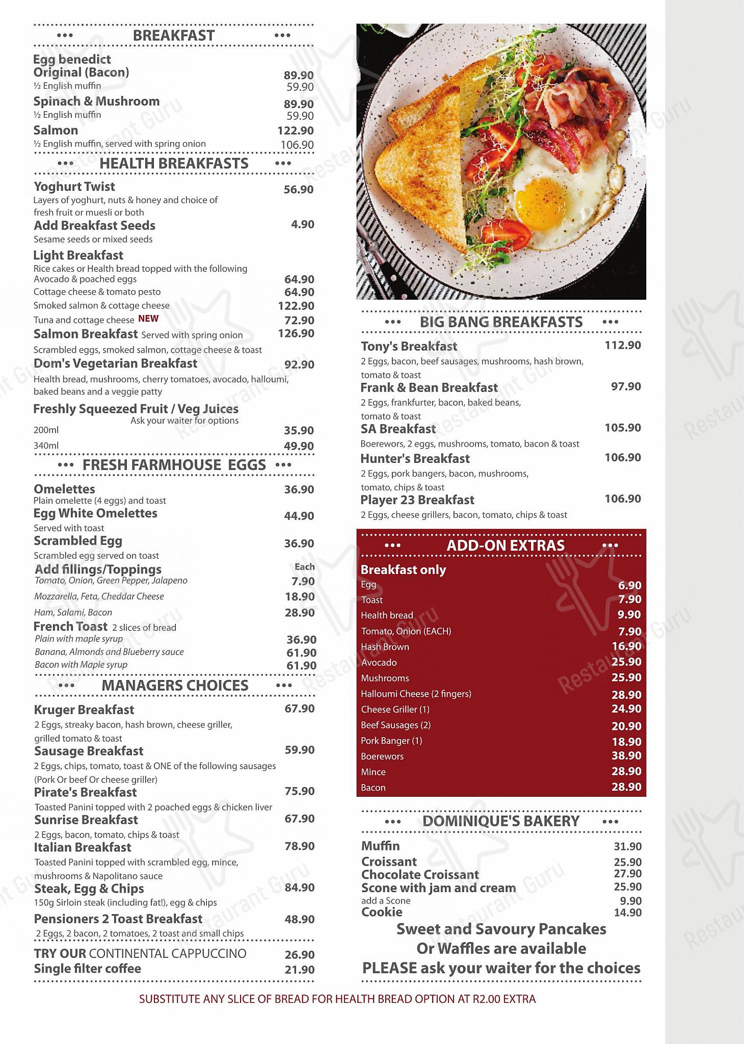 Menu at Dominiques Cafe, Johannesburg