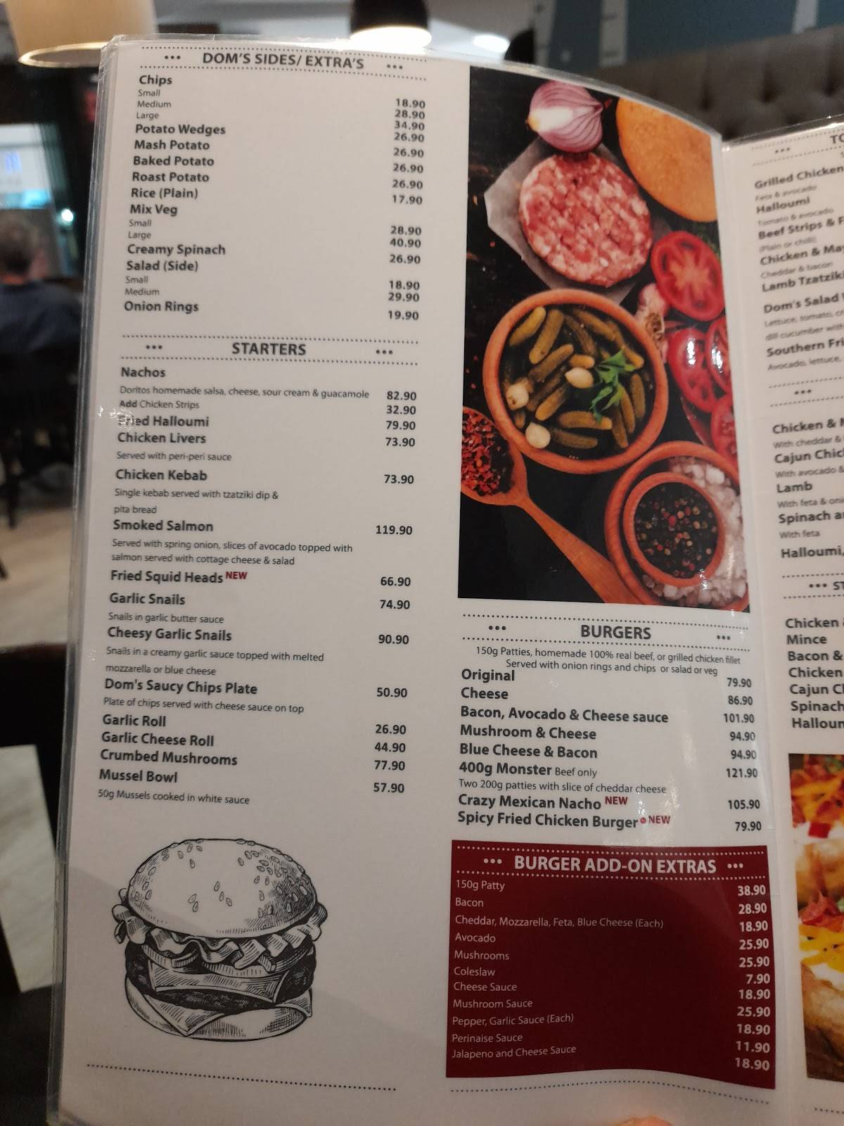 Menu at Dominiques Cafe, Johannesburg