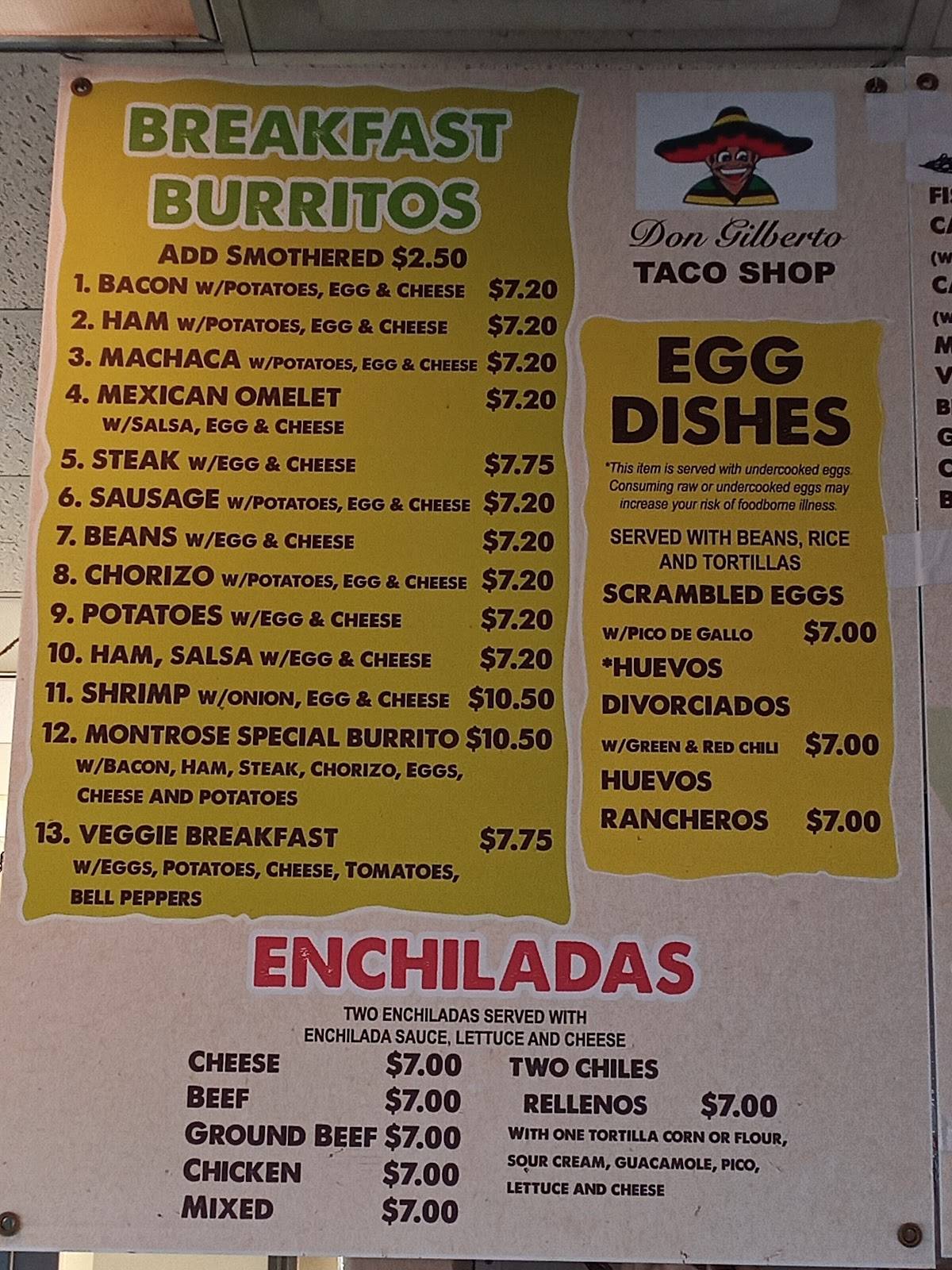 Menu at Don Gilberto Mexican Food restaurant, Montrose, S Townsend Ave ...