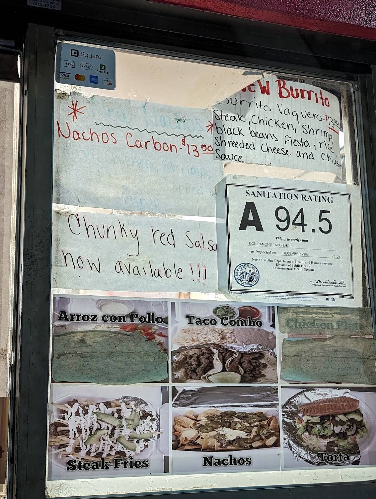 Menu at Don Ramon's Taco Shop restaurant, Fayetteville