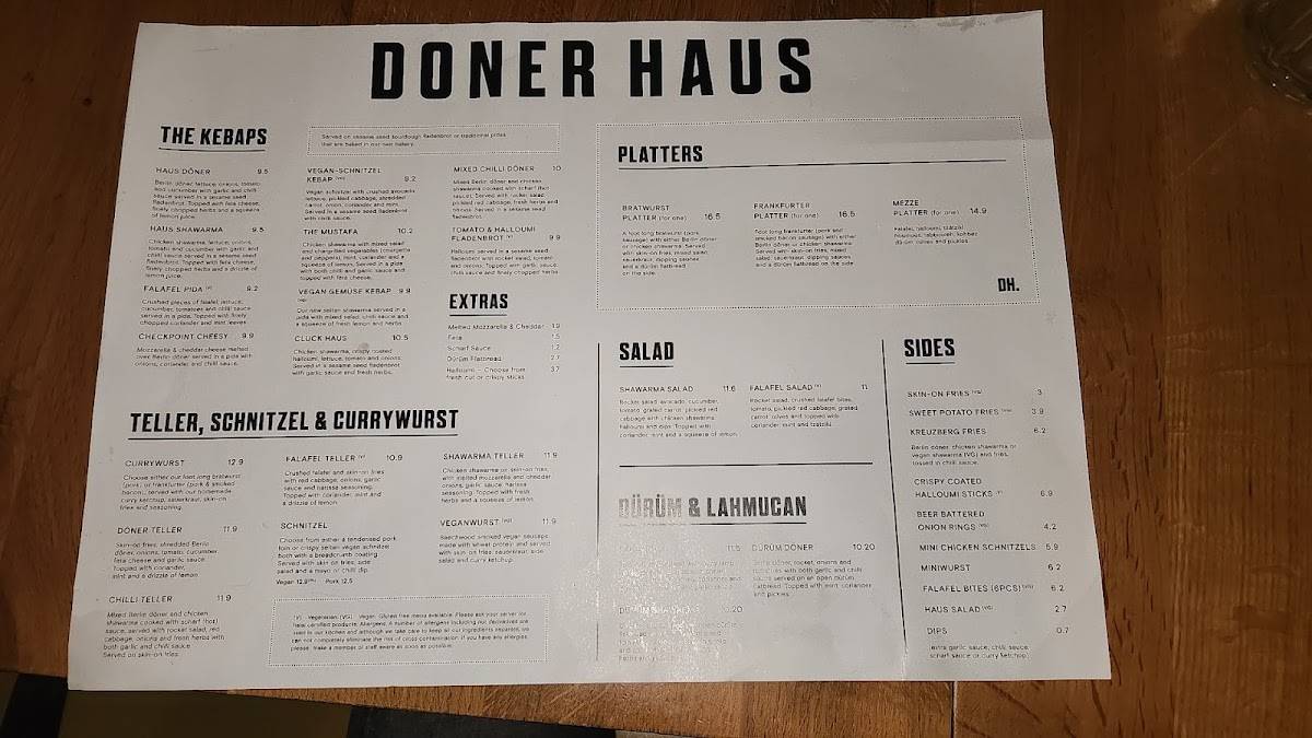 Menu at Döner Haus restaurant, Glasgow