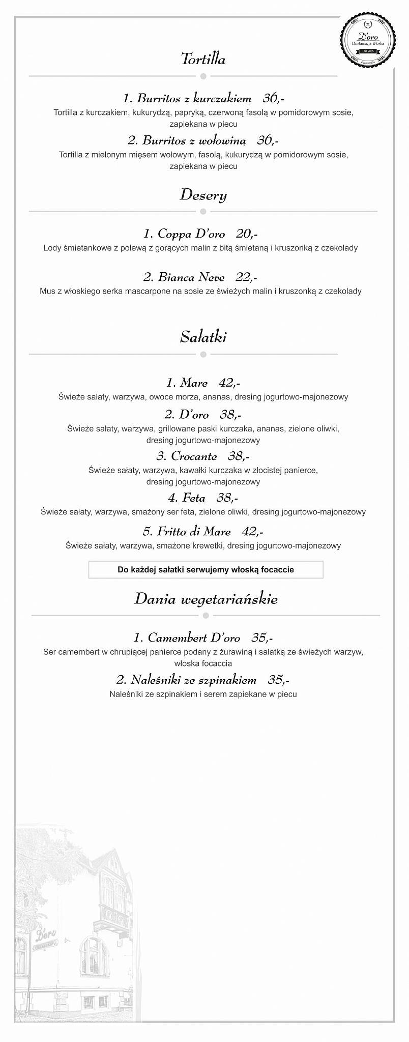 Menu at D'oro restaurant, Dzierzoniow, Świdnicka 47