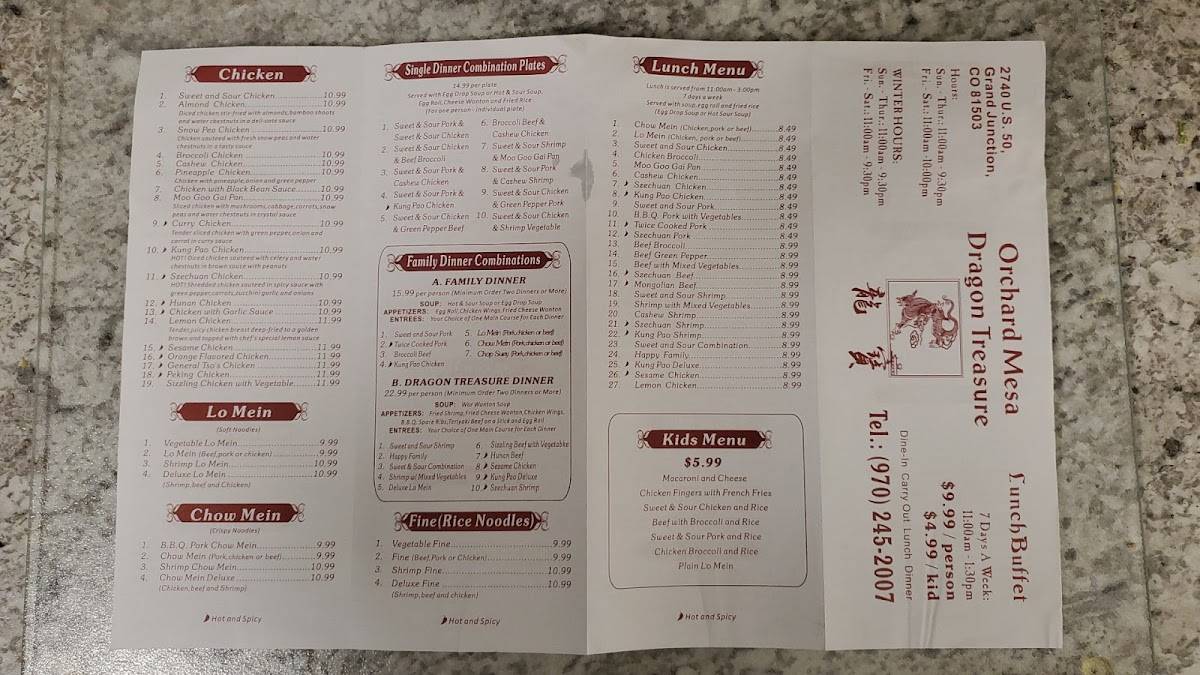 Menu at Dragon Treasure Orchard Mesa restaurant, Grand Junction, US-50