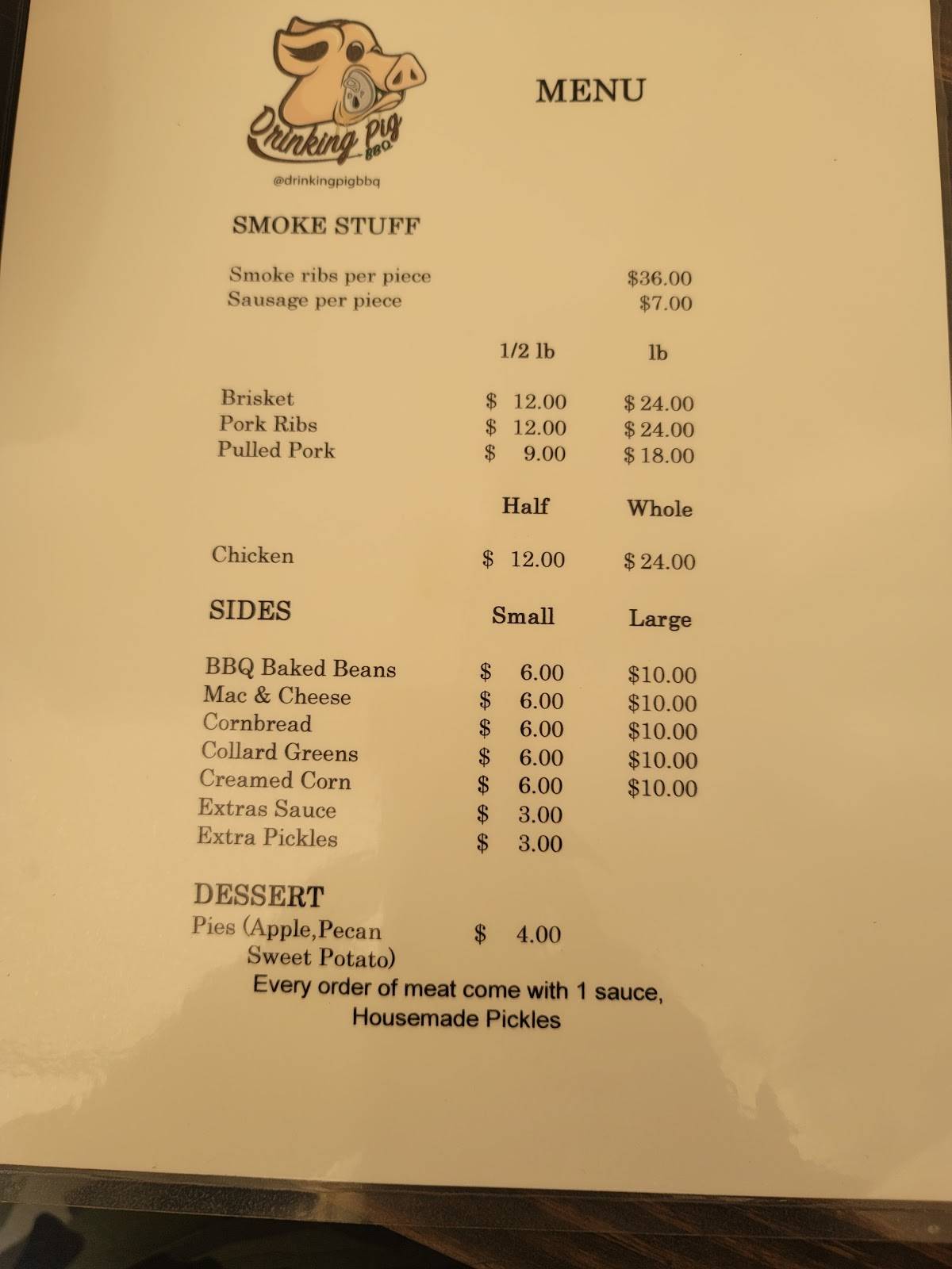 Menu at Drinking Pig BBQ, Miami