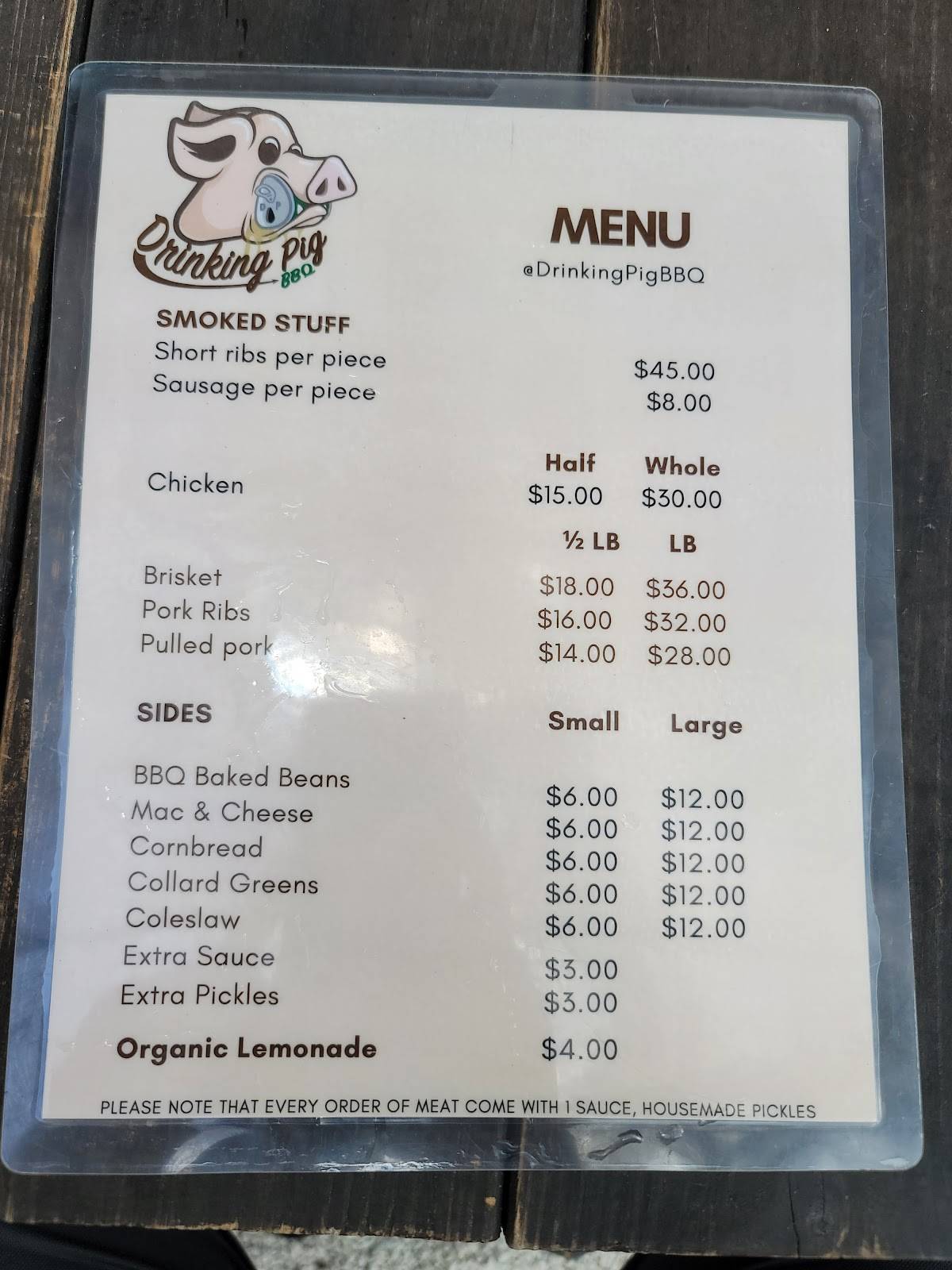 Menu at Drinking Pig BBQ, Miami