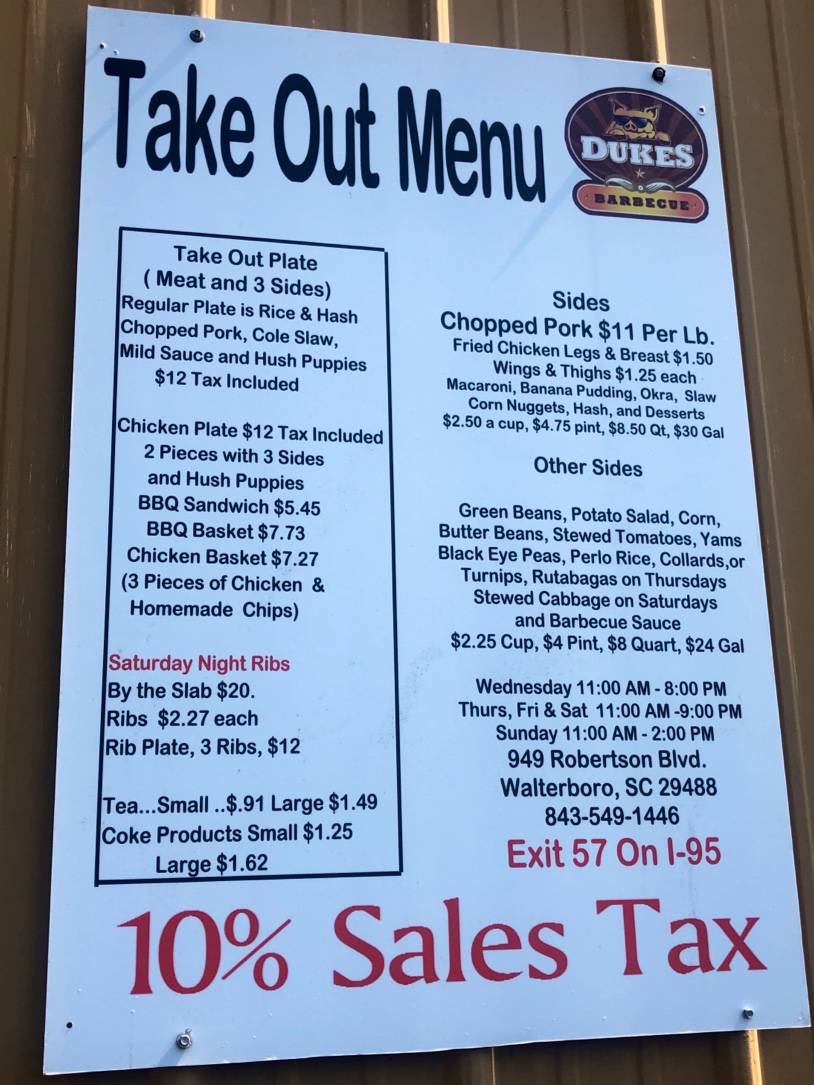 Menu at Dukes Barbecue, Walterboro