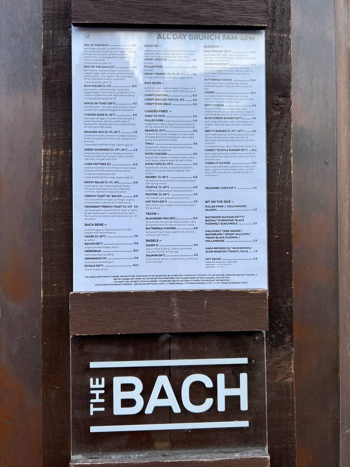 Menu at The Bach cafe, Dundee