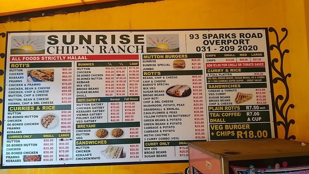 Menu at Sunrise Chip N Ranch, Overport, Durban restaurant, Durban, 93 ...