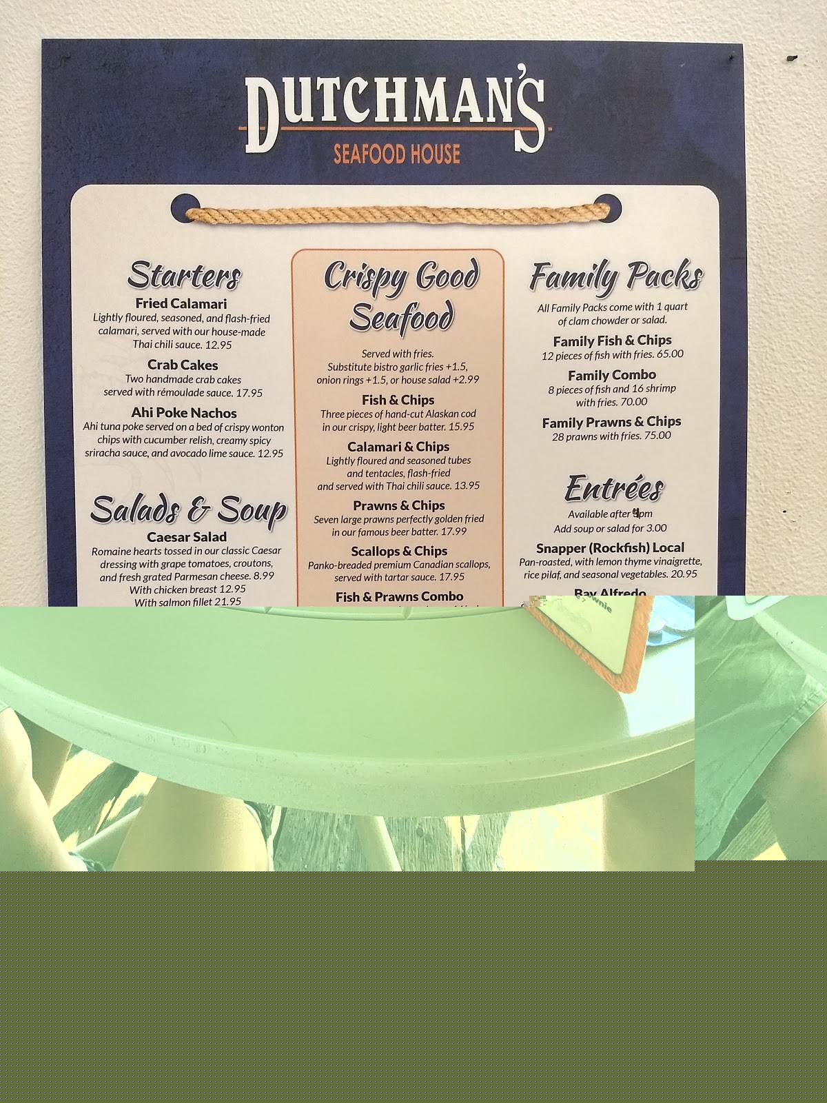 Menu at Dutchman's Seafood House restaurant, Morro Bay