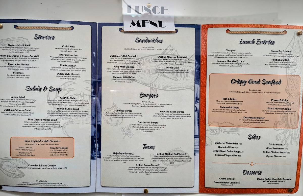 Menu at Dutchman's Seafood House restaurant, Morro Bay