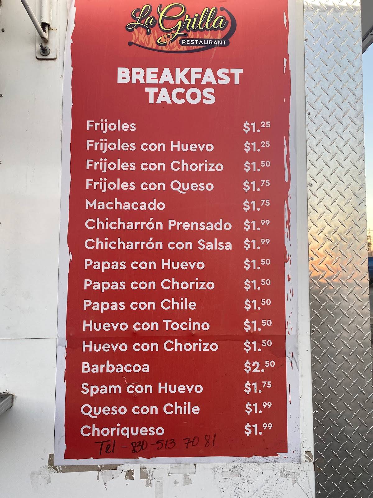 Menu at Taqueria La Grilla restaurant, Eagle Pass
