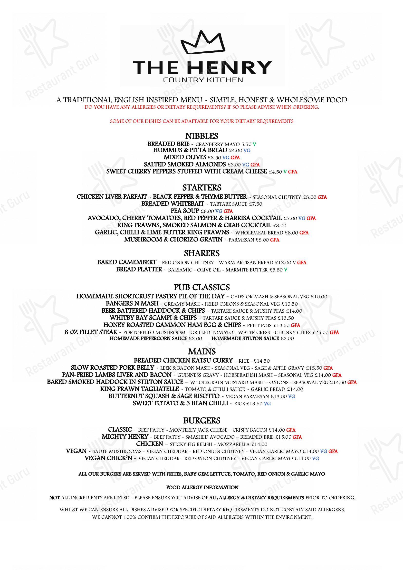 Menu at King Henry Ⅷ pub & bar, Hever
