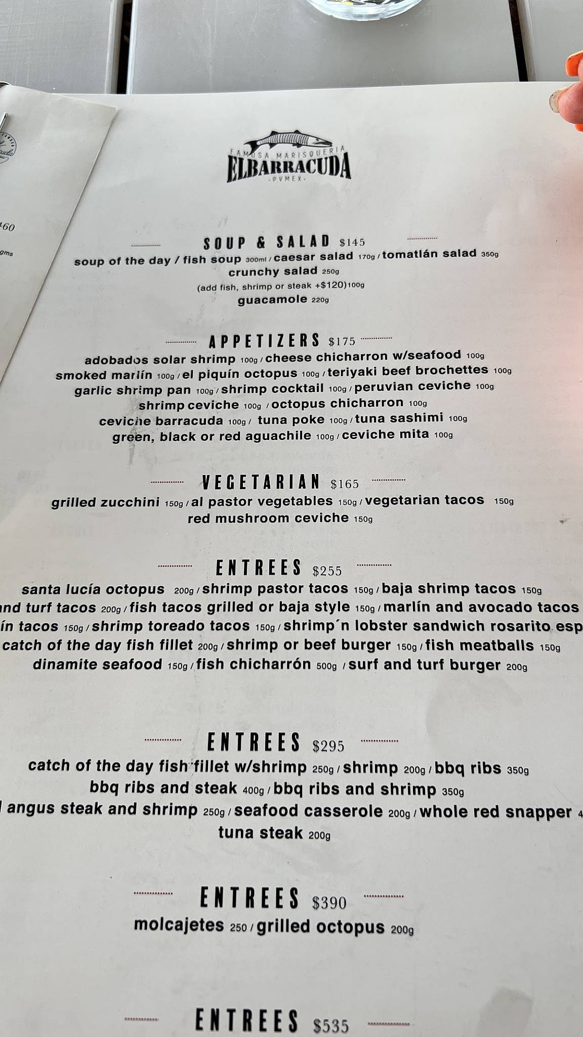 Menu at El Barracuda Punta de Mita, Punta de Mita