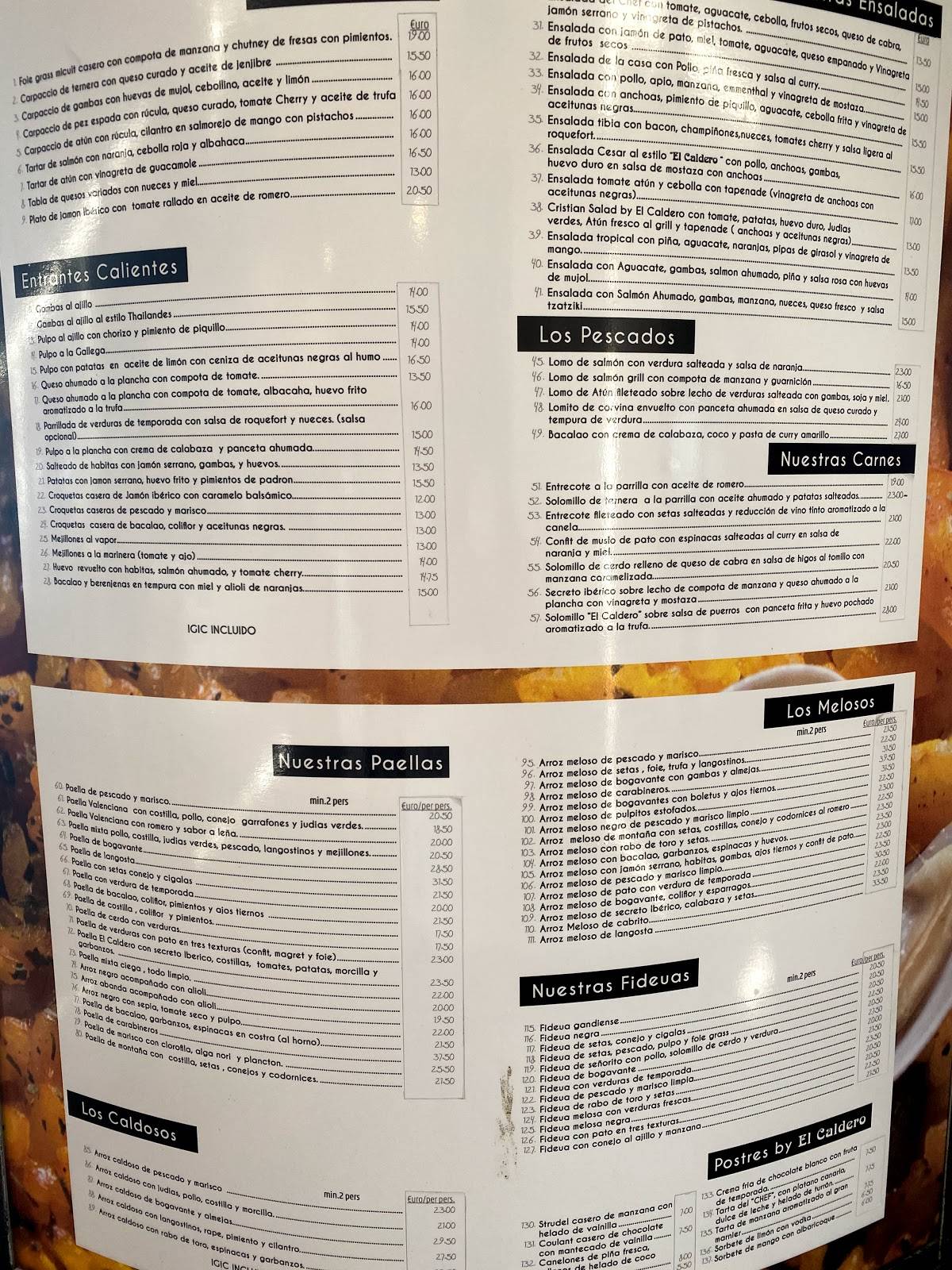 Carta de Restaurante El Caldero, Maspalomas
