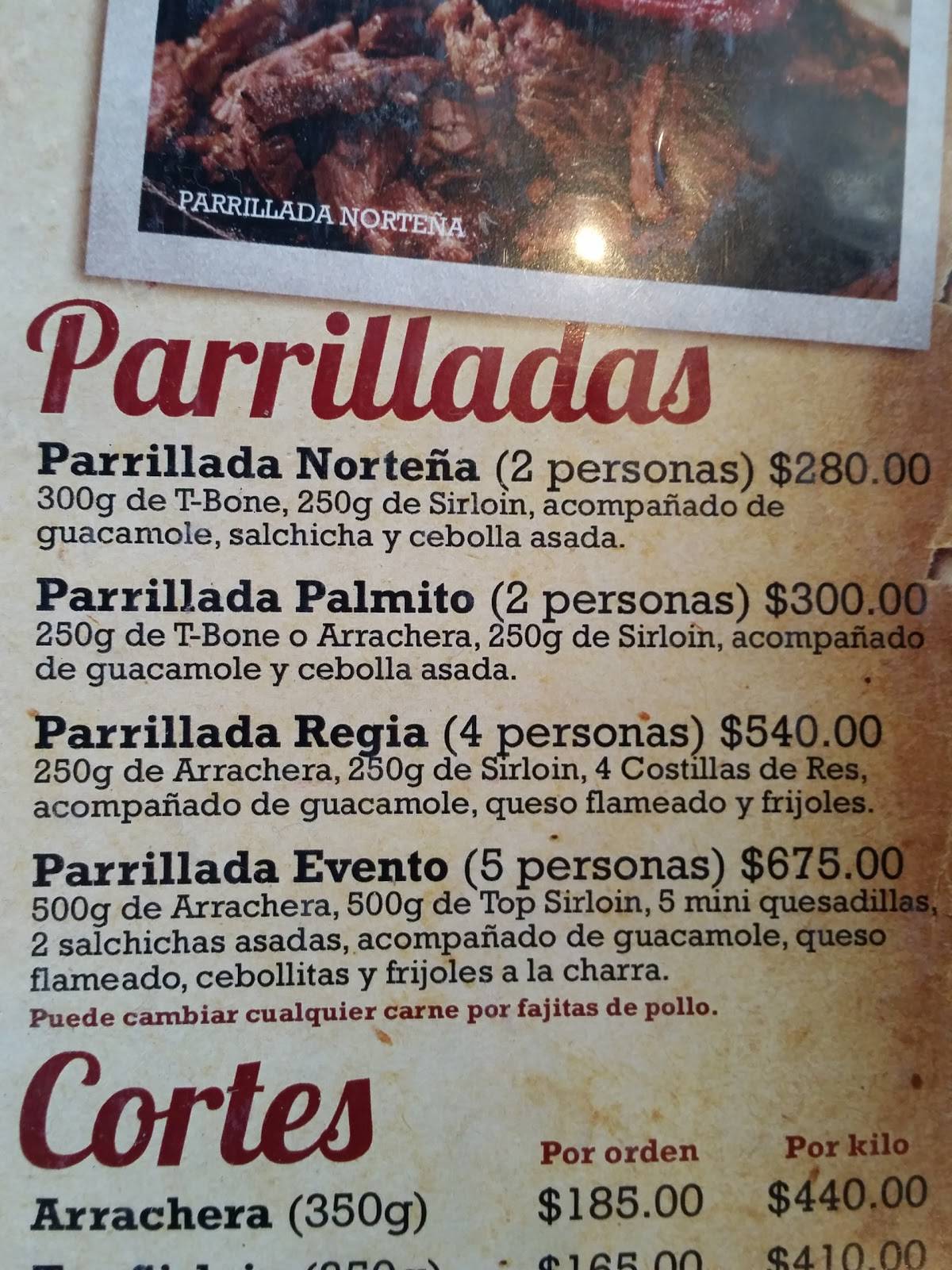 Carta del restaurante El Palmito, Monterrey, Av. Eugenio Garza Sada #3973