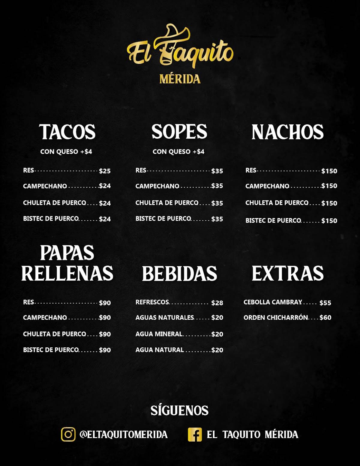 Carta del restaurante El Taquito Mérida, Merida