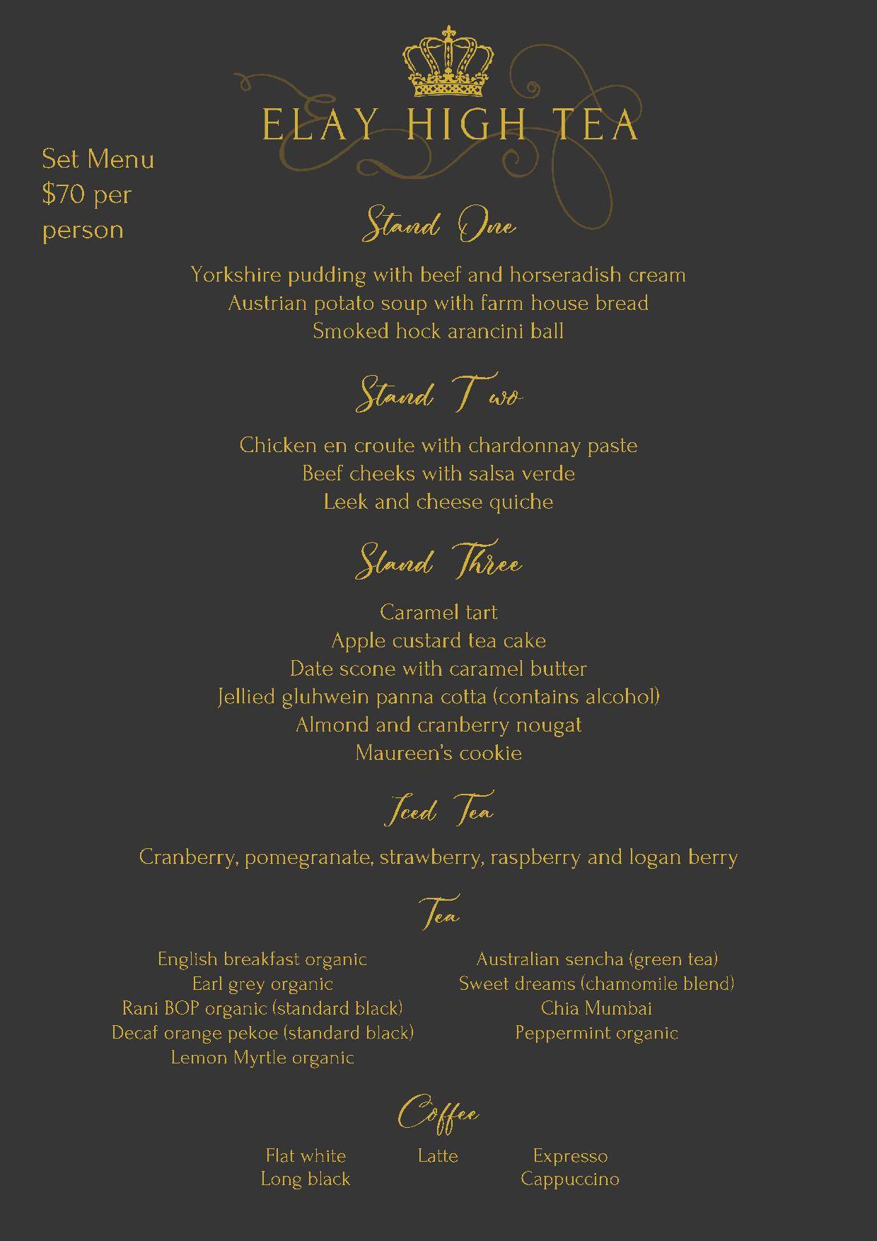 Menu at Elay High Tea cafe, Branxton