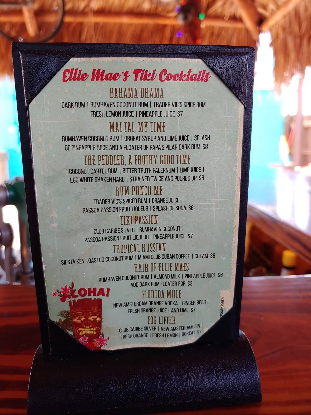 Menu at Ellie Mae's Tiki Bar, Cape Canaveral