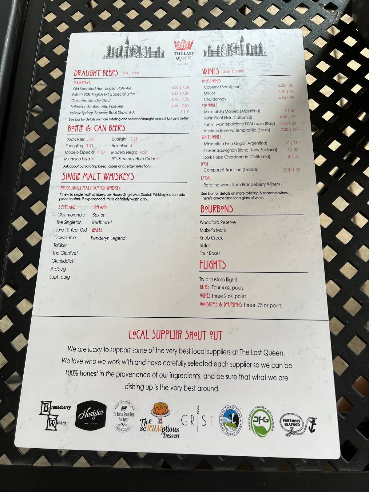 Menu at The Last Queen pub & bar, Enon